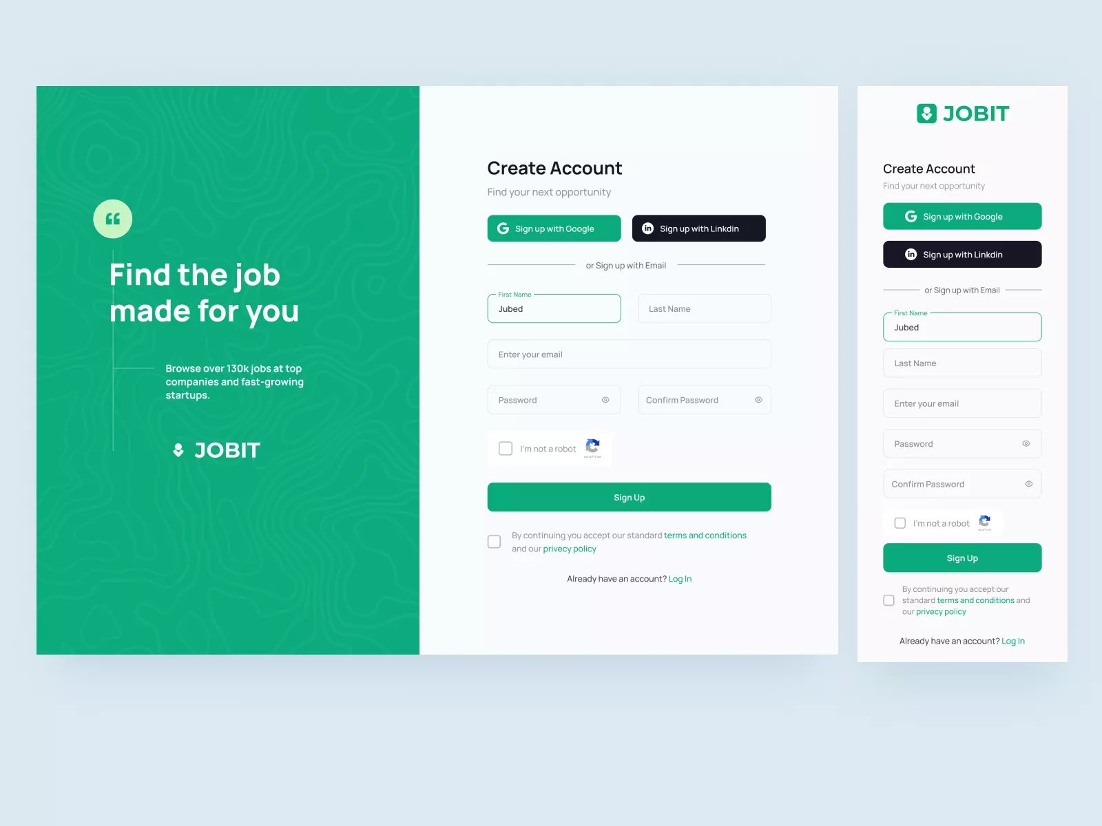 Sign Up Page Job Search UI