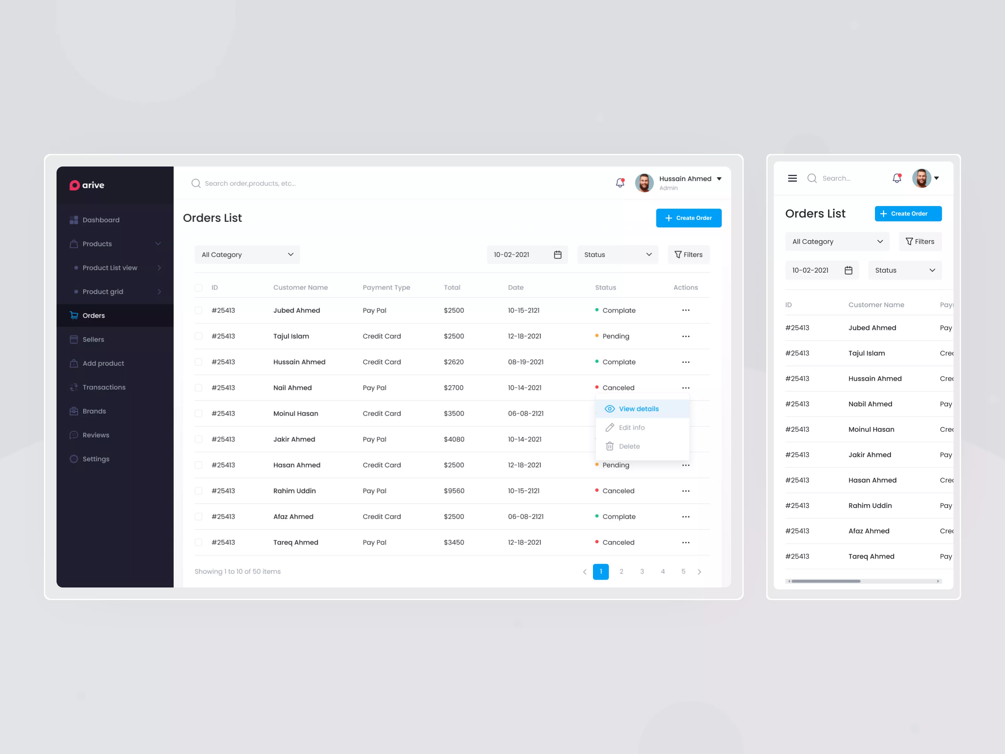 Ecommerce Order List Page Template