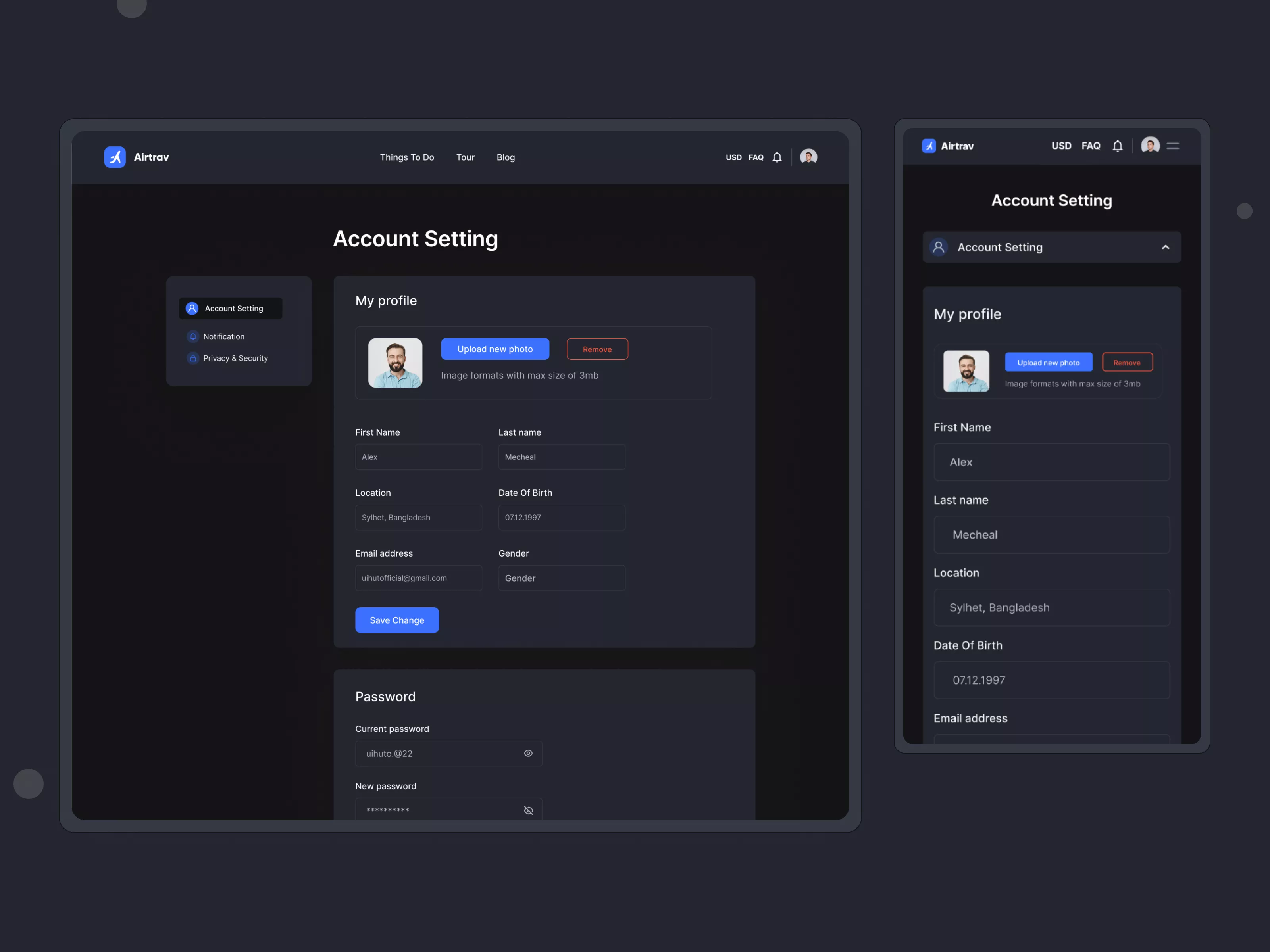 Account Settings Page Design Screen